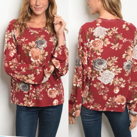 Tops | Burgundy Floral Long Sleeve Top | Poshmark